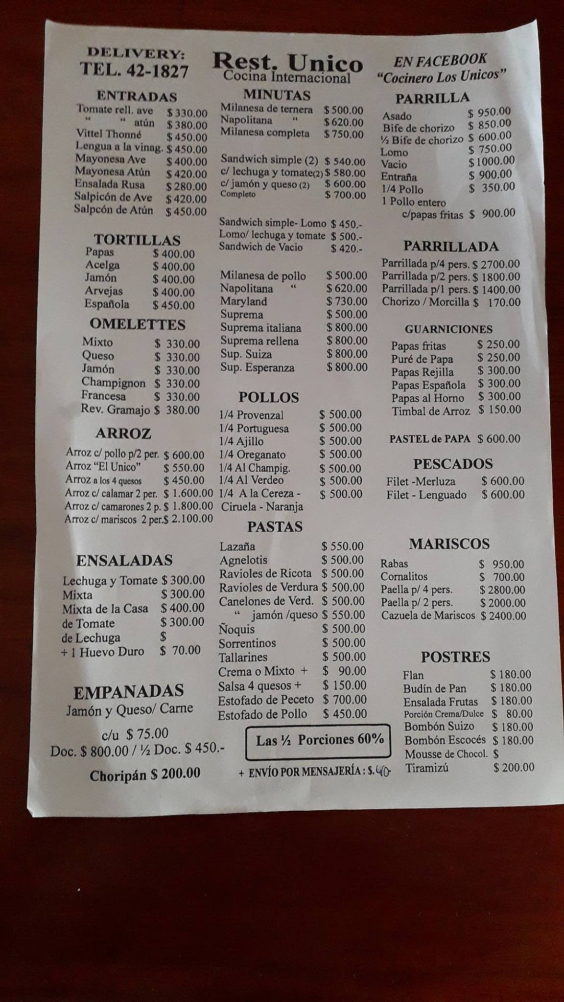 Carta del restaurante EL UNICO, Miramar