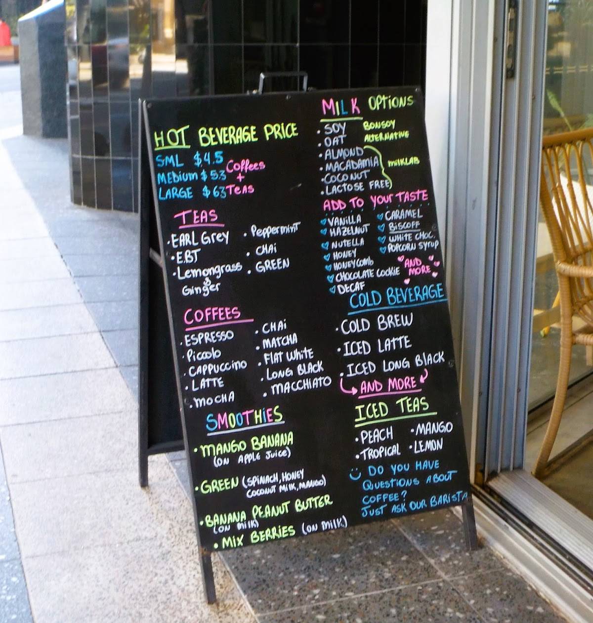 Menu at EMC cafe, Brisbane City
