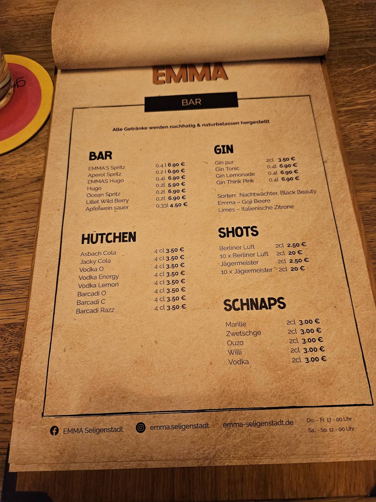 Speisekarte von EMMA pub & Bar, Seligenstadt
