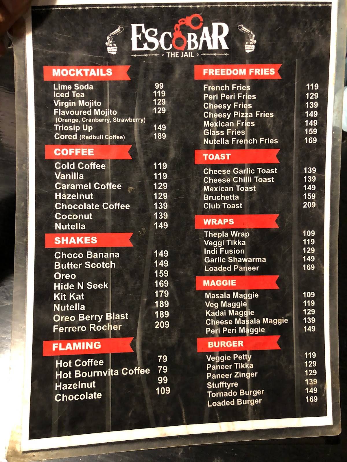 Menu at ESCOBAR THE JAIL CAFE, Gandhinagar