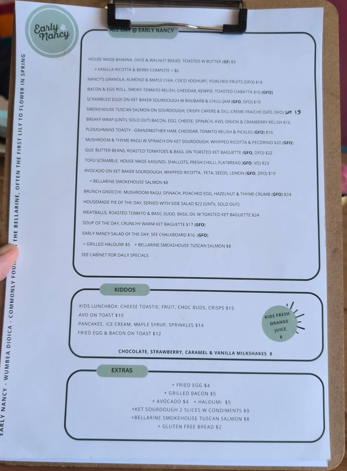 Menu at Early Nancy cafe, Point Lonsdale