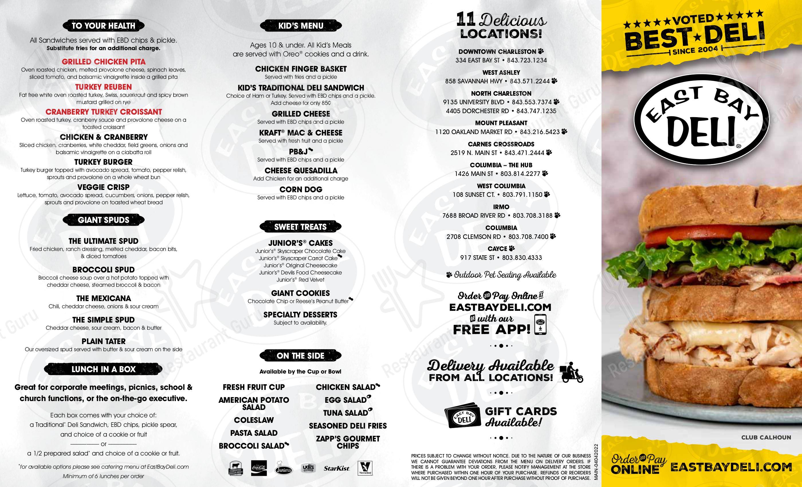 Menu at East Bay Deli - West Ashley restaurant, Charleston, 858 ...