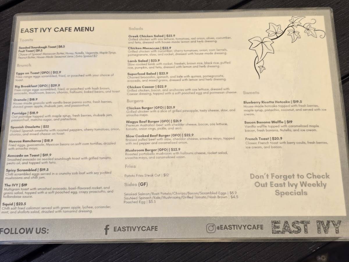 Menu at East Ivy cafe, Ivanhoe East