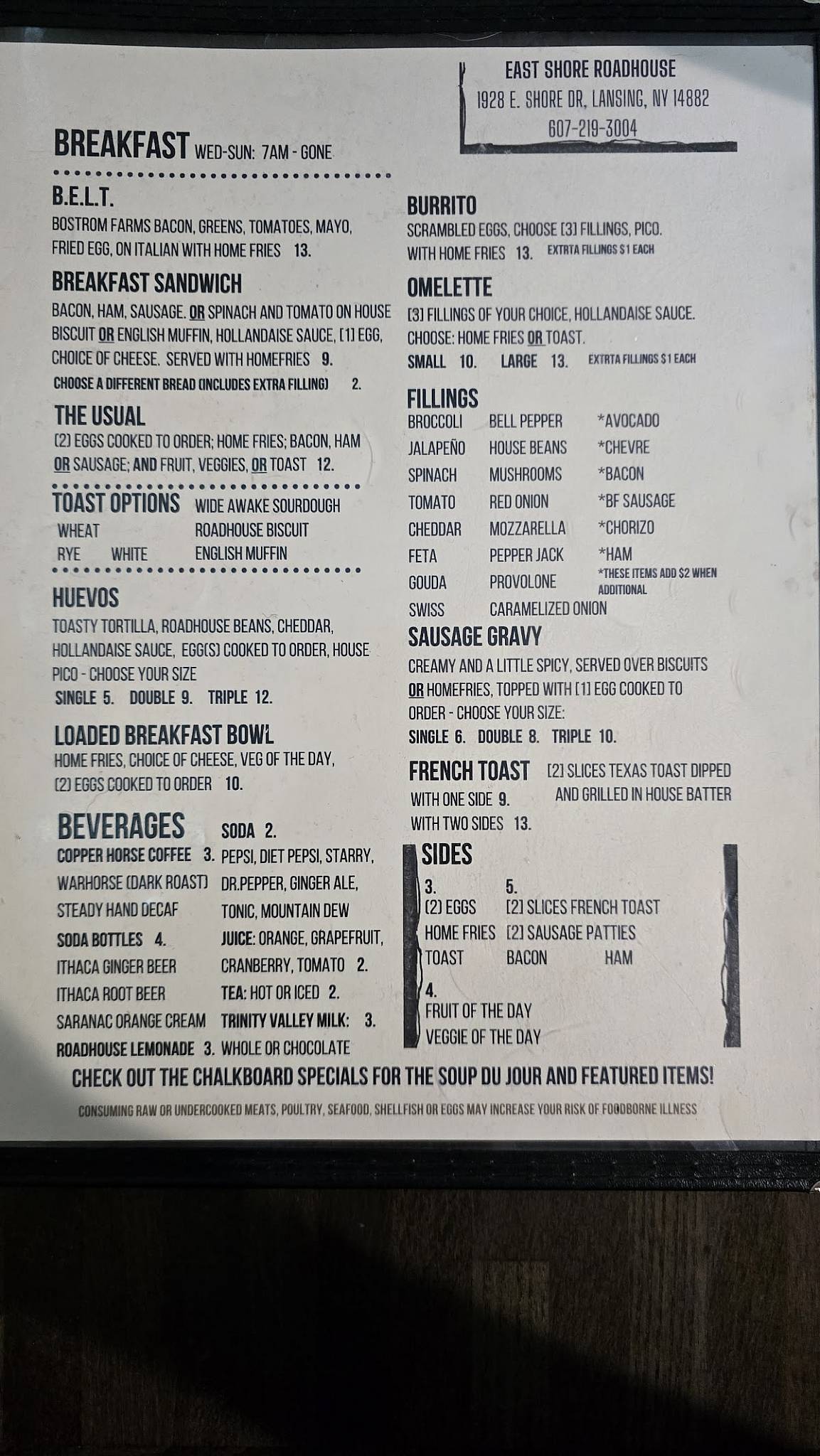 Menu at East Shore Roadhouse restaurant, Lansing