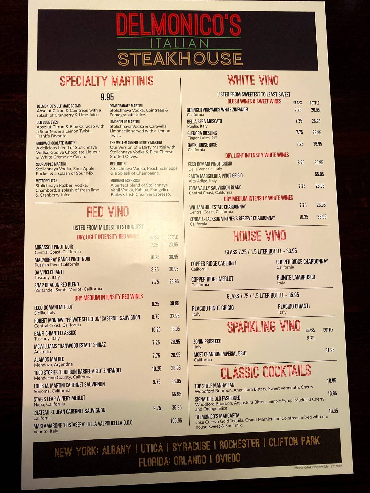Menu at Delmonico's Syracuse steakhouse, Syracuse
