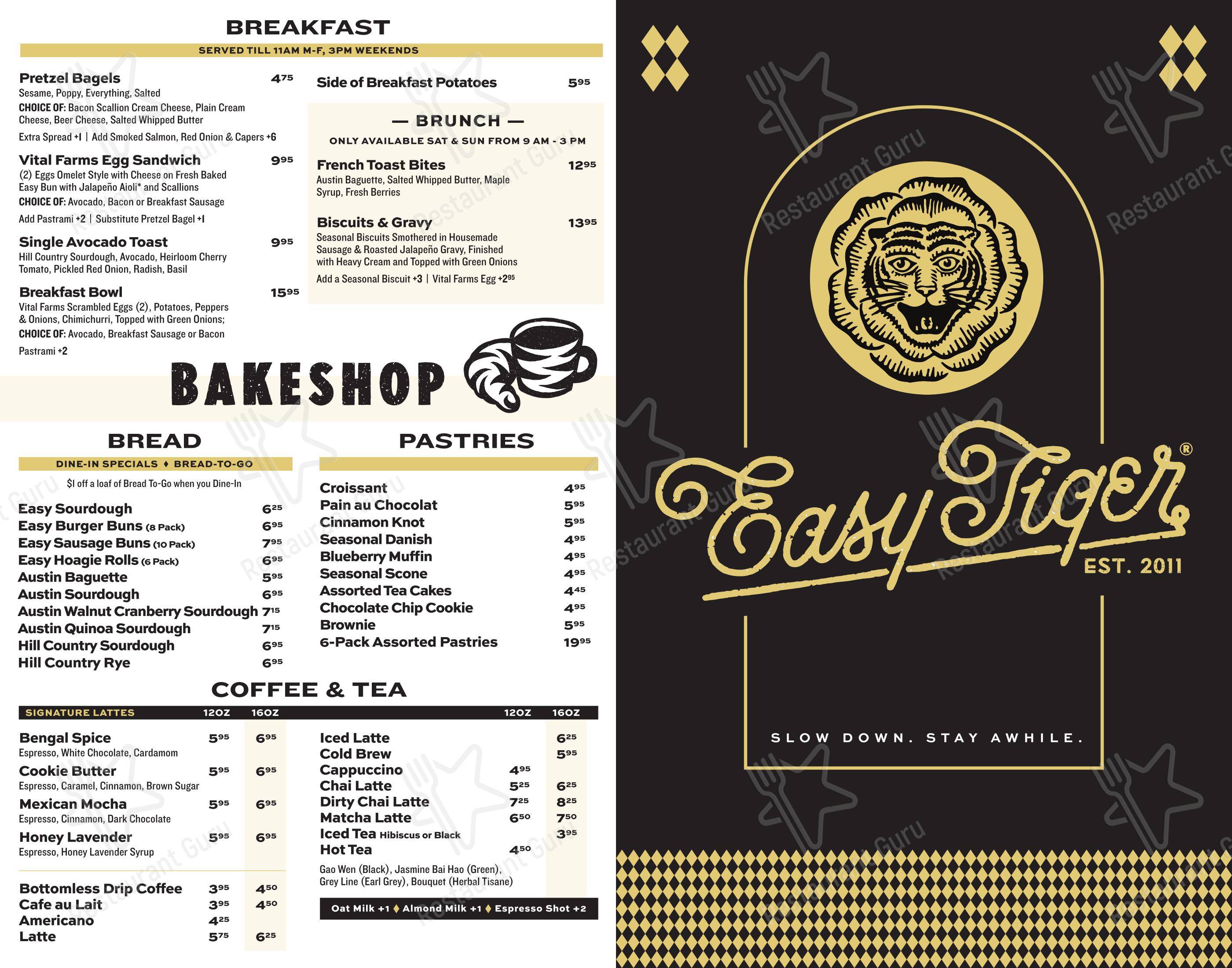 Menu at Easy Tiger South Lamar restaurant, Austin, S Lamar Blvd