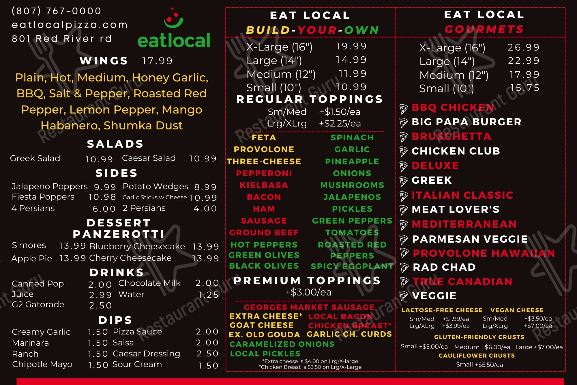 Menu at Eat Local Pizza pizzeria, Thunder Bay, 801 Red River Rd