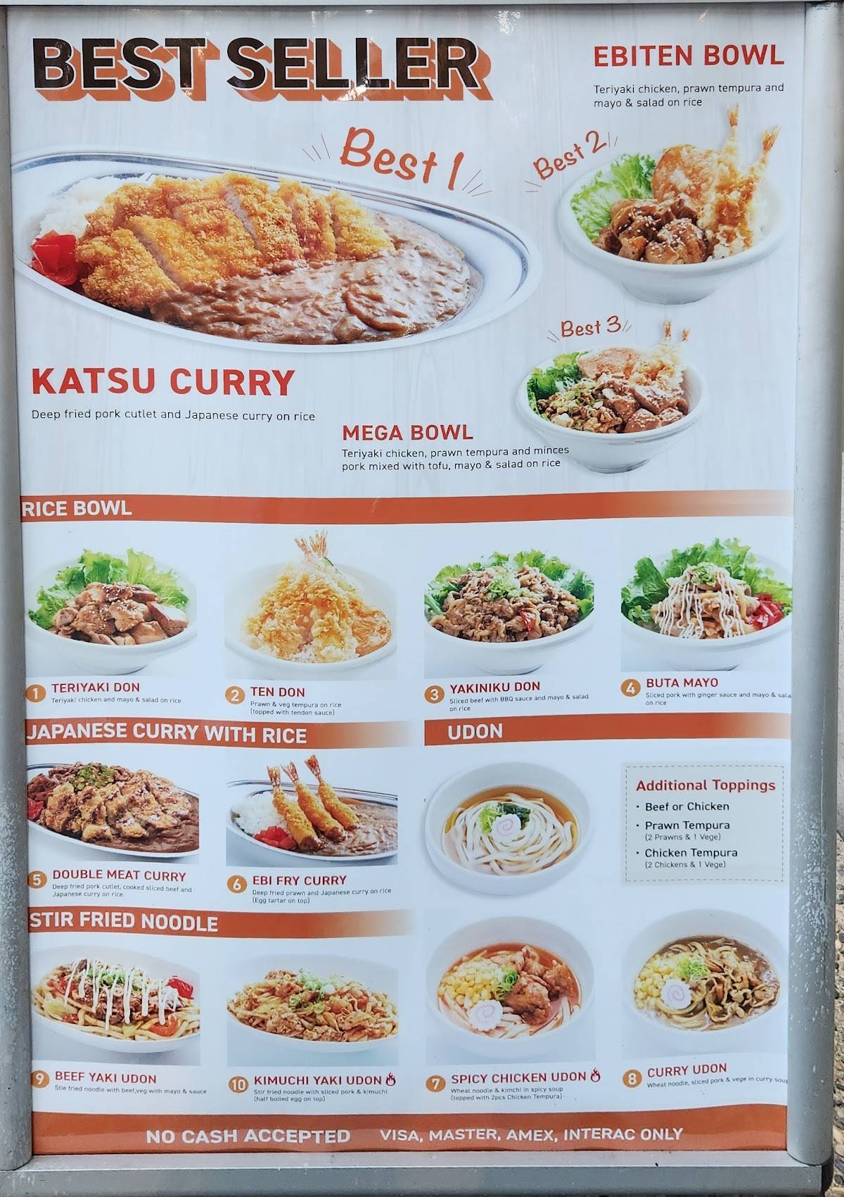 Menu at Ebi-Ten fast food, Vancouver