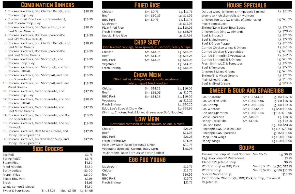 Menu at Eddy Lee's Chinese Restaurant, Thunder Bay