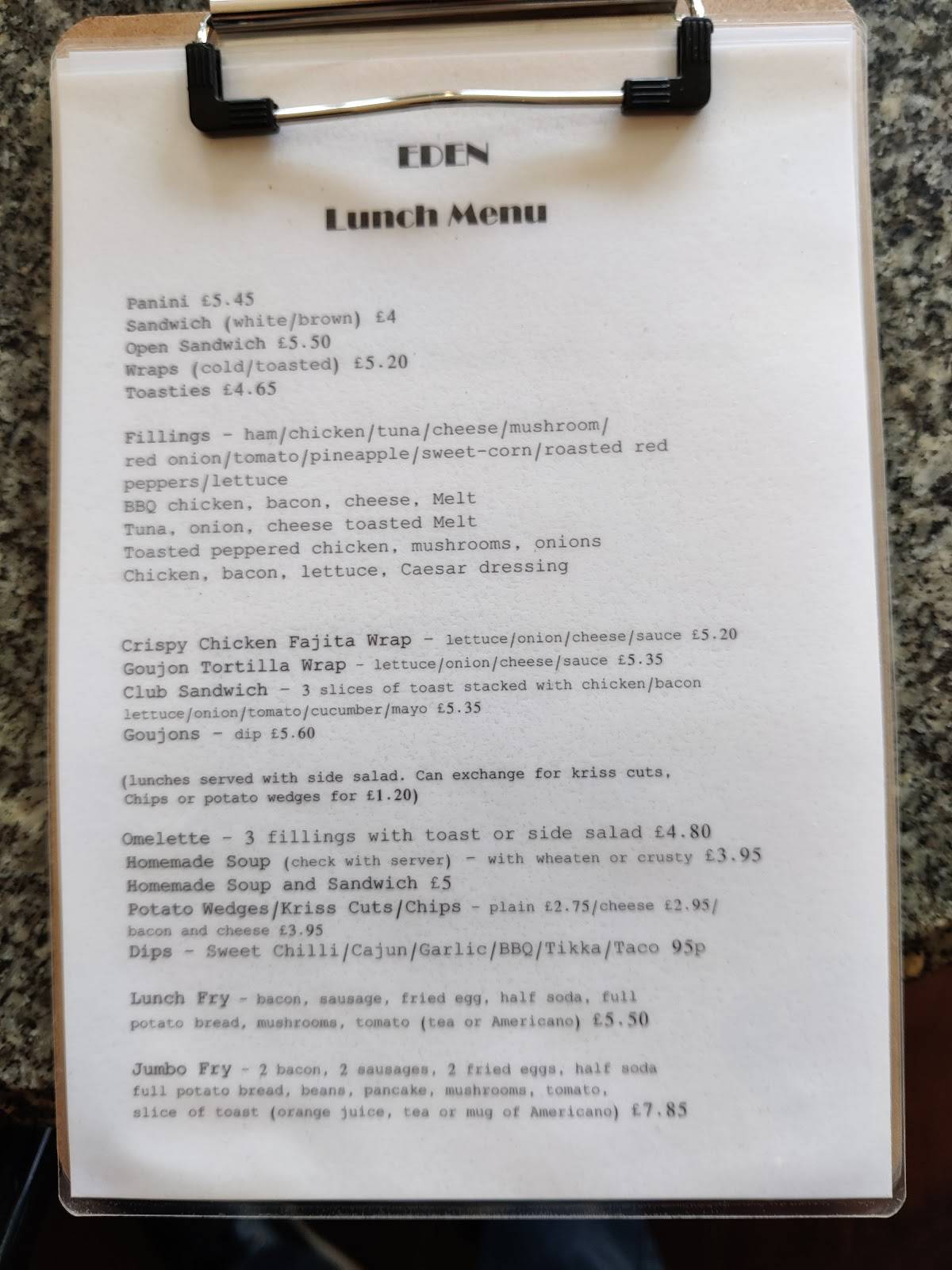 Menu at Eden Coffee Shop cafe, Glengormley