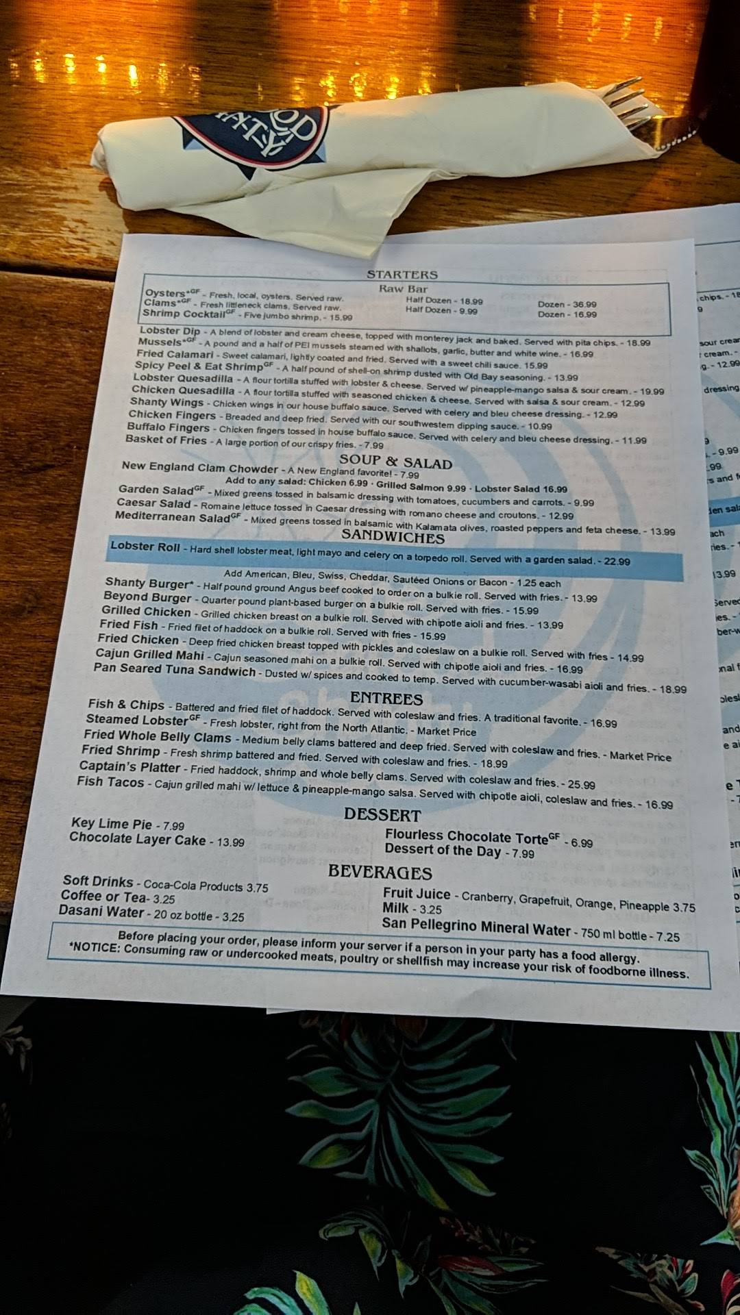 Menu at The Seafood Shanty restaurant, Edgartown