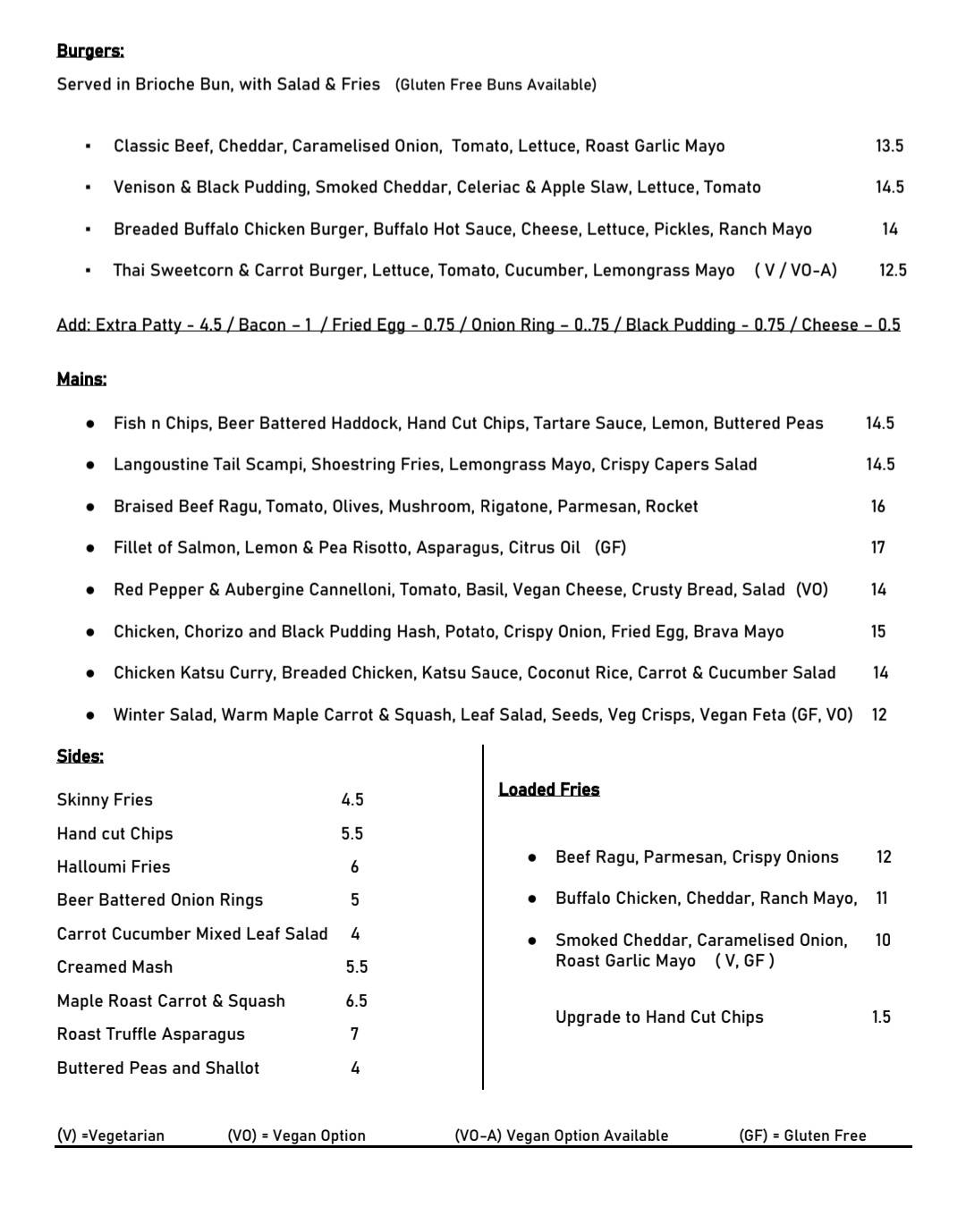 Menu at The Willow pub & bar, Edinburgh