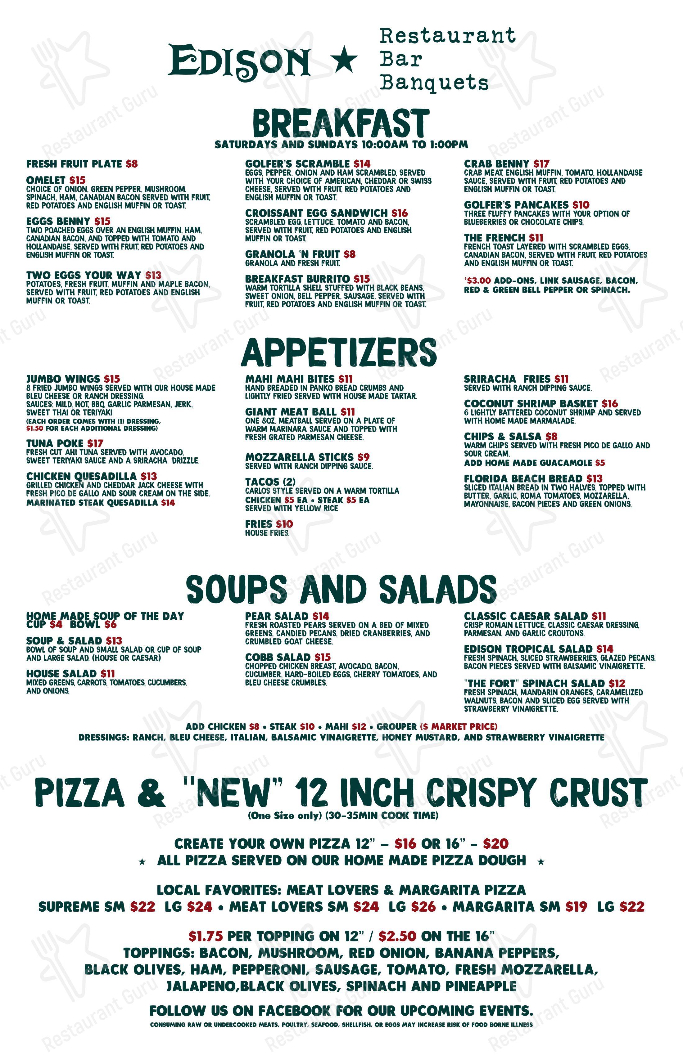 Menu at Edison Tavern pub & bar, Fort Myers
