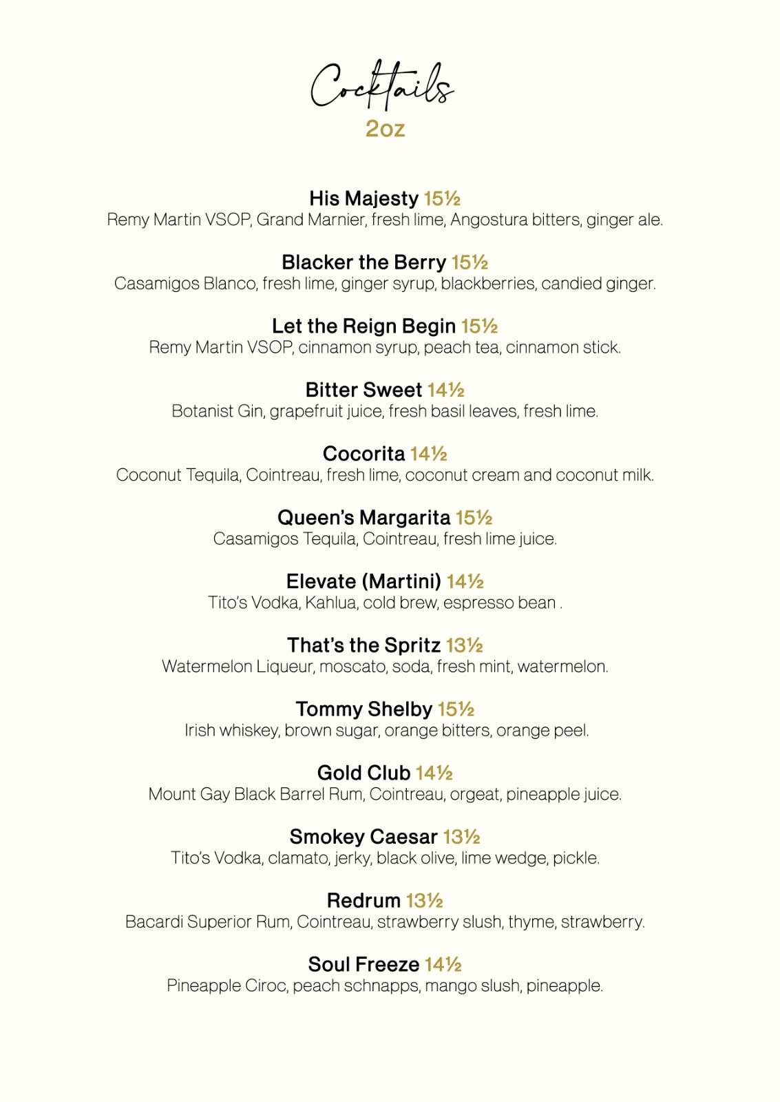 Menu at Reign Premium Lounge & Kitchen restaurant, Edmonton
