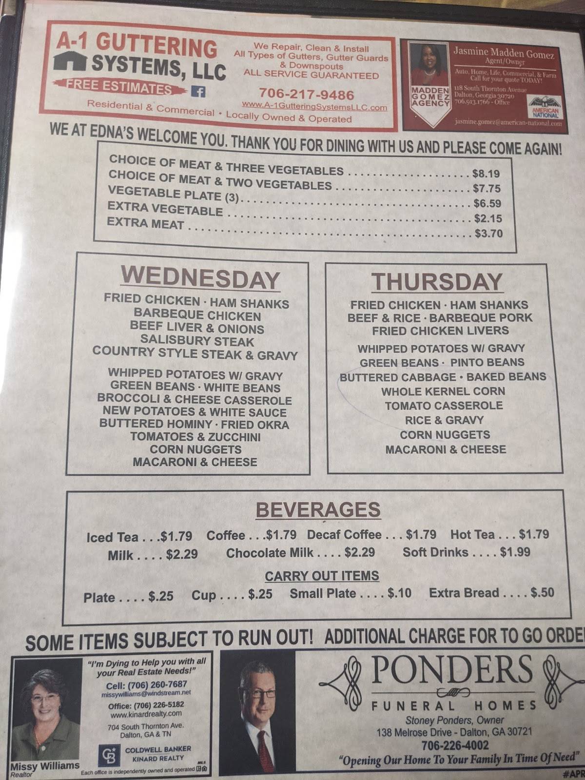Menu at Edna's restaurant, Chatsworth