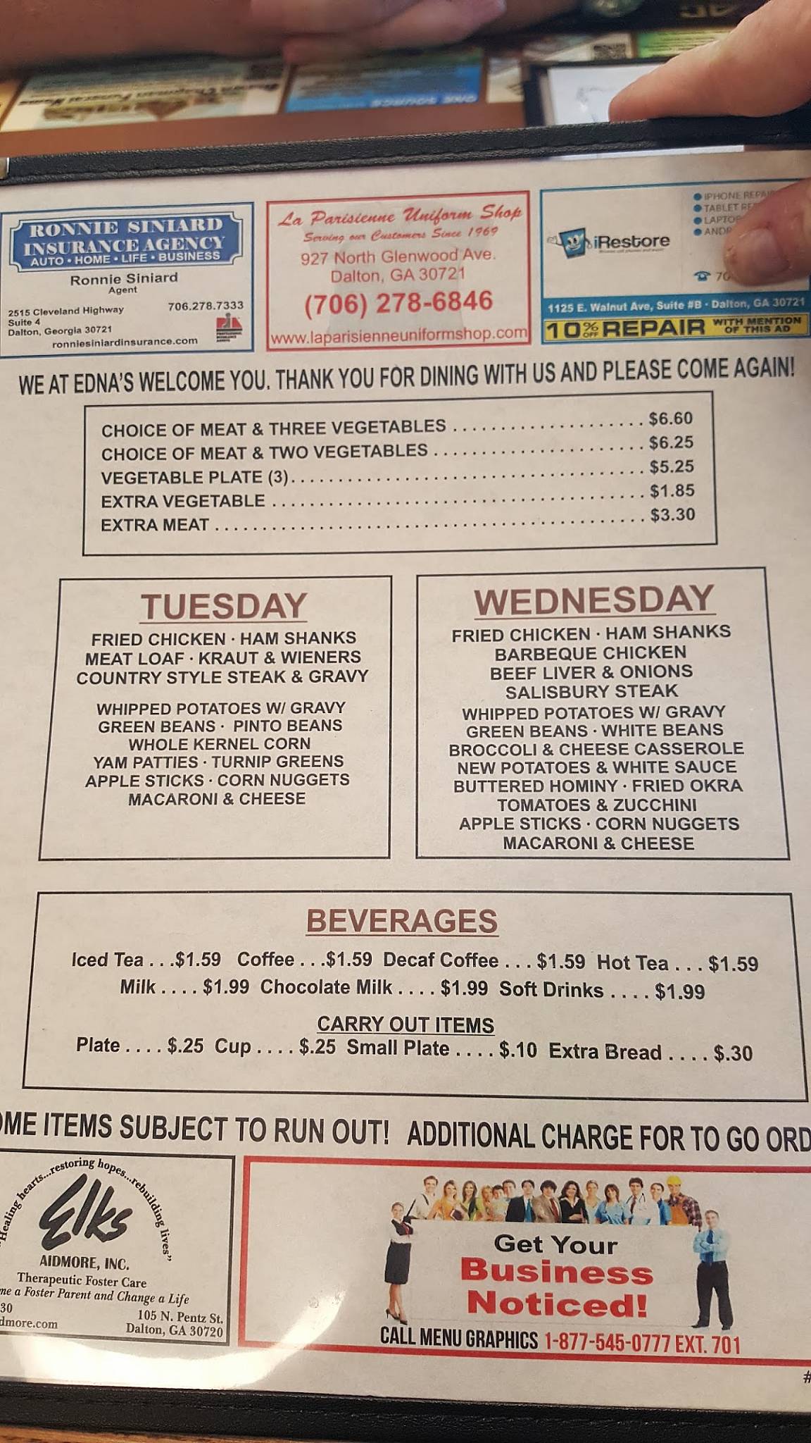 Menu at Edna's restaurant, Chatsworth