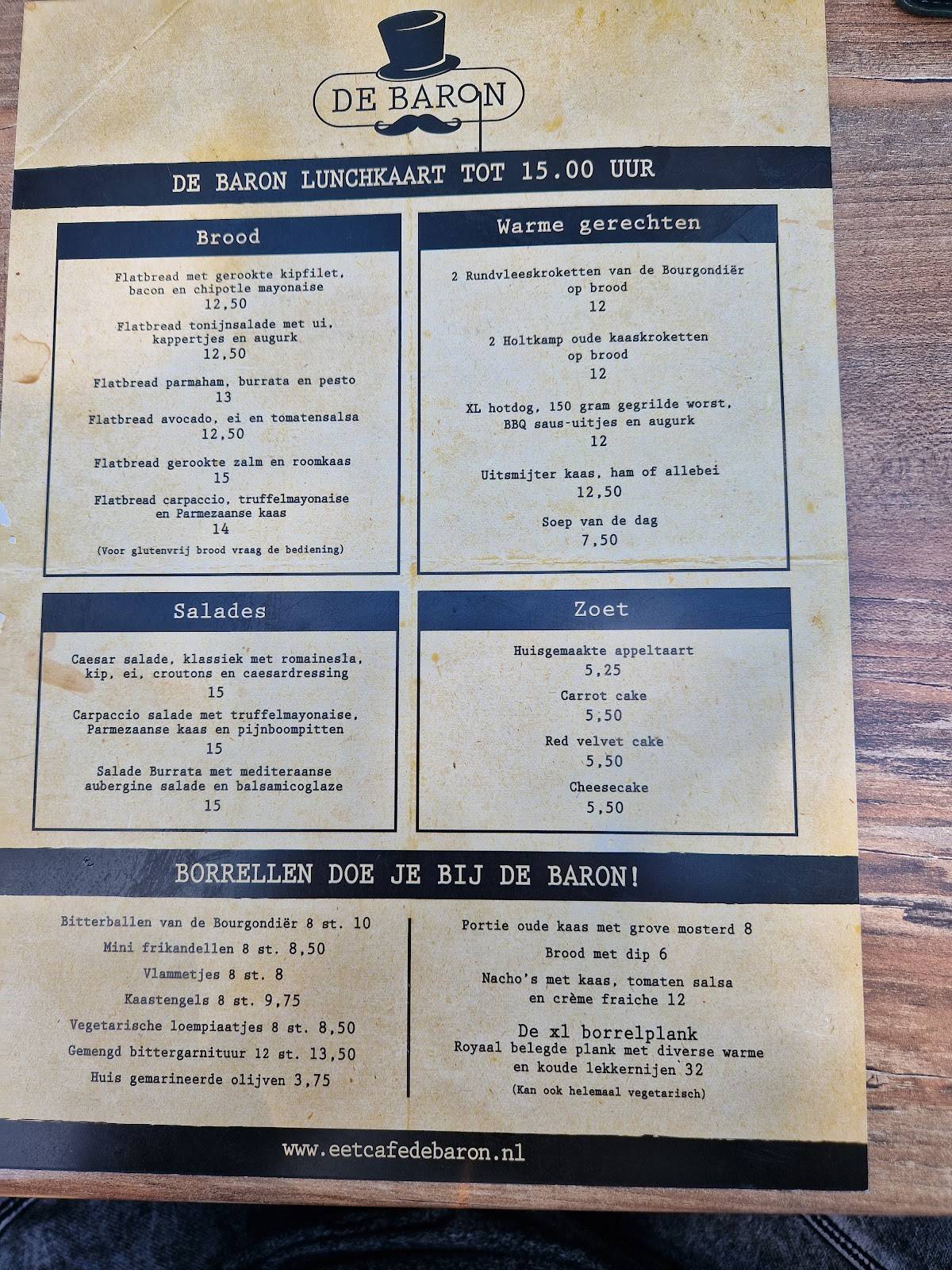 Menu at Eetcafé De Baron, Utrecht