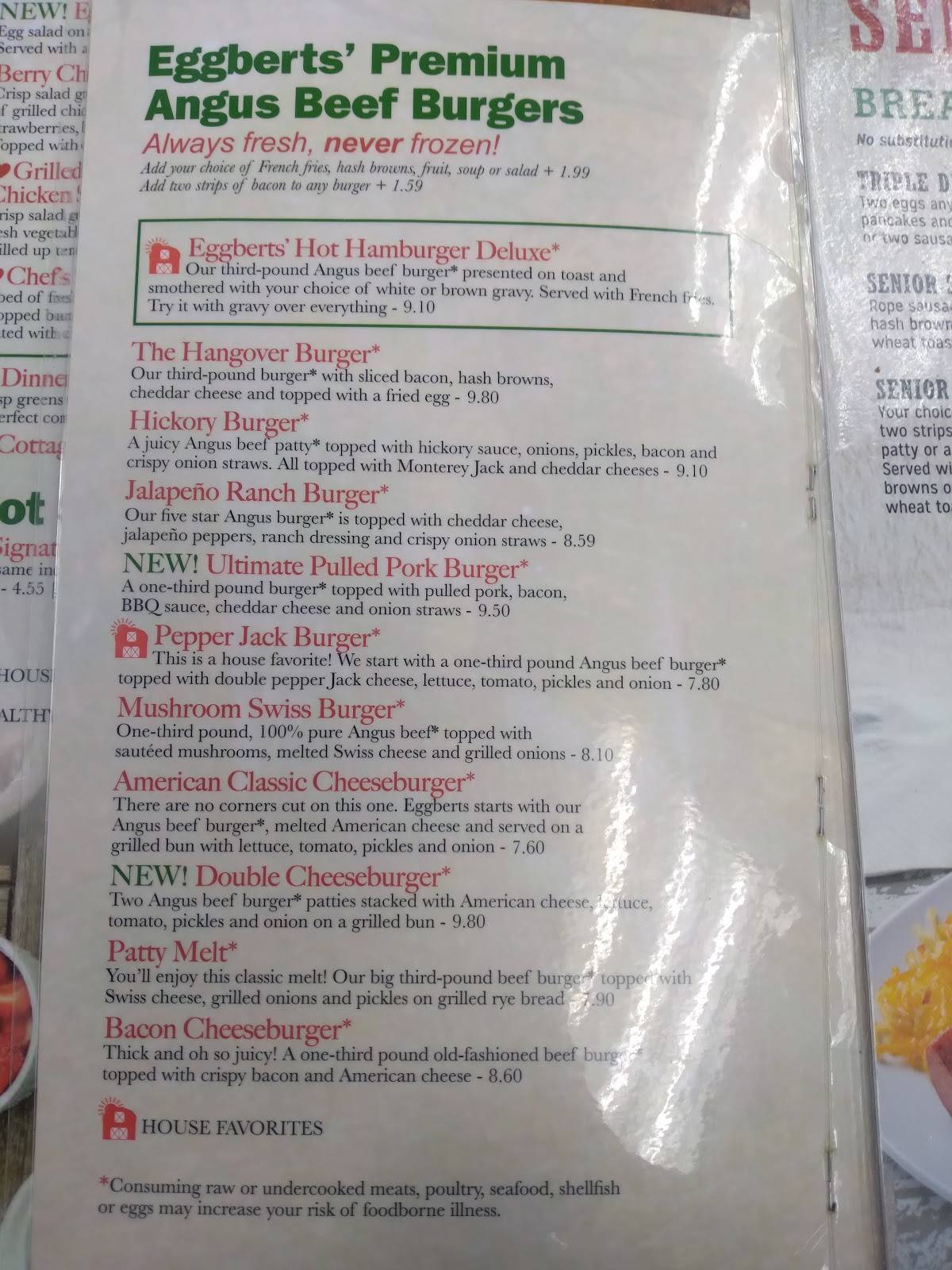 Menu at Eggbert's restaurant, Claremore, 900 S Lynn Riggs Blvd