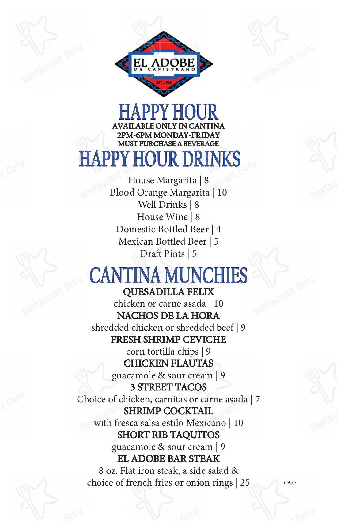 Menu at El Adobe de Capistrano restaurant, San Juan Capistrano
