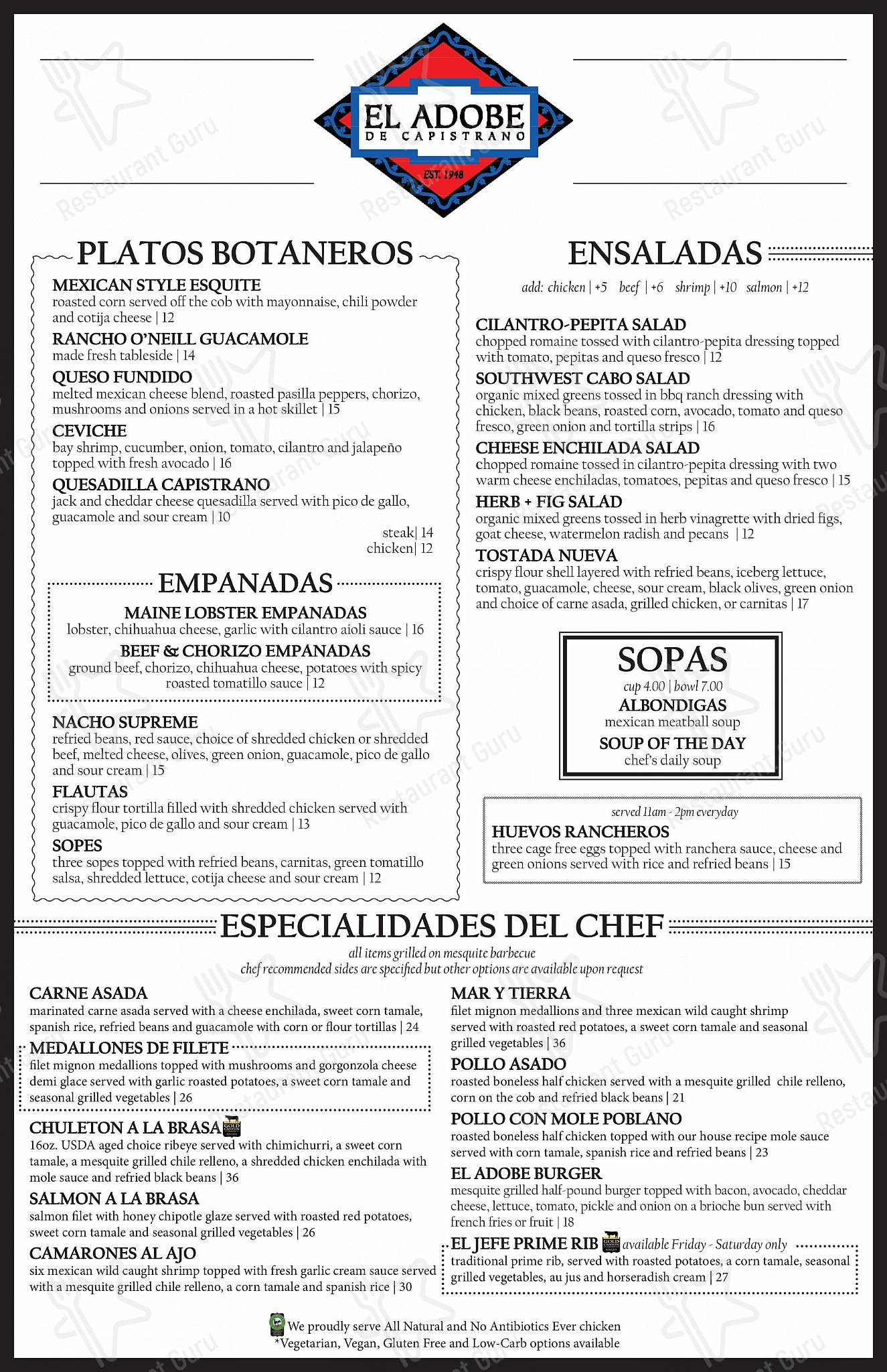 Menu at El Adobe de Capistrano restaurant, San Juan Capistrano