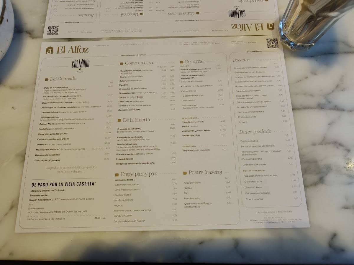 Carta de Restaurante El Alfoz de Burgos, España