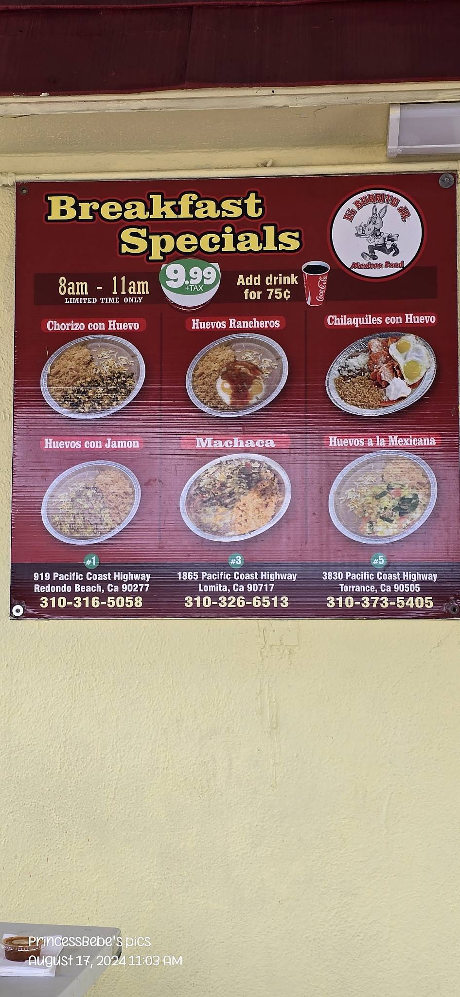 Menu at El Burrito Jr restaurant, Redondo Beach