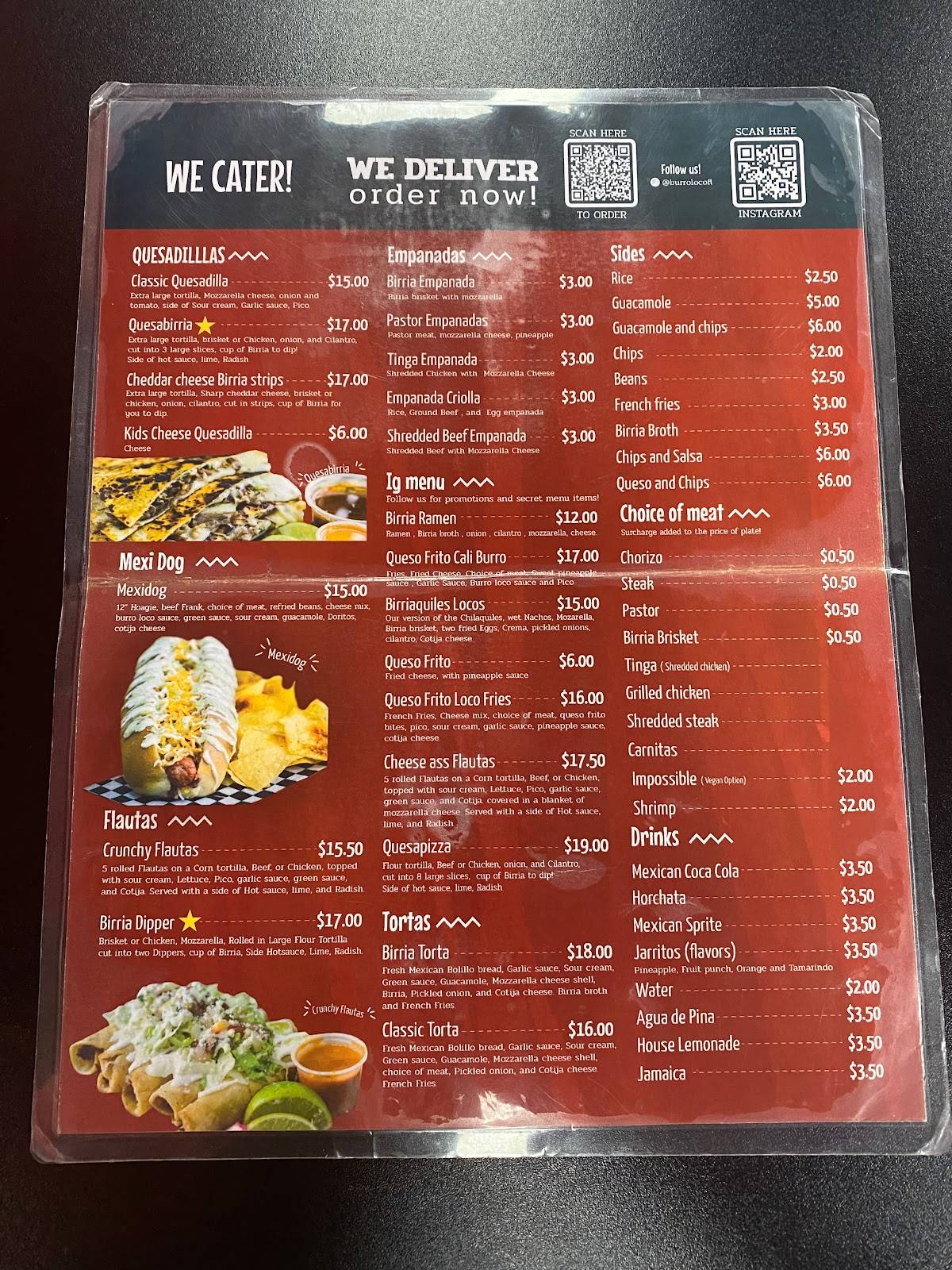 Carta del restaurante El Burro Loco, Orlando, Carrier Dr