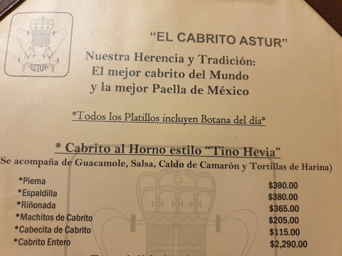 Menu at El Cabrito Astur restaurant, Mexico City