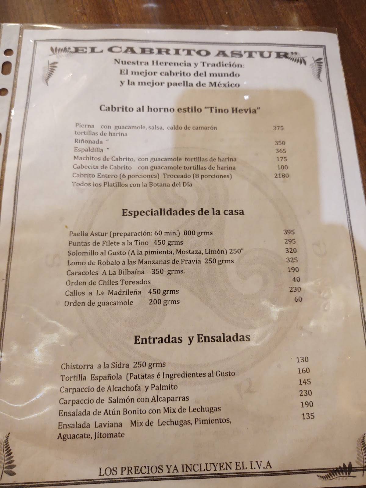 Menu at El Cabrito Astur restaurant, Mexico City
