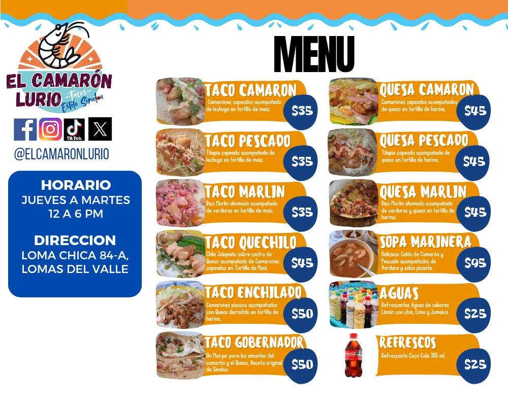 Menu at El Camarón Lurio restaurant, Morelia