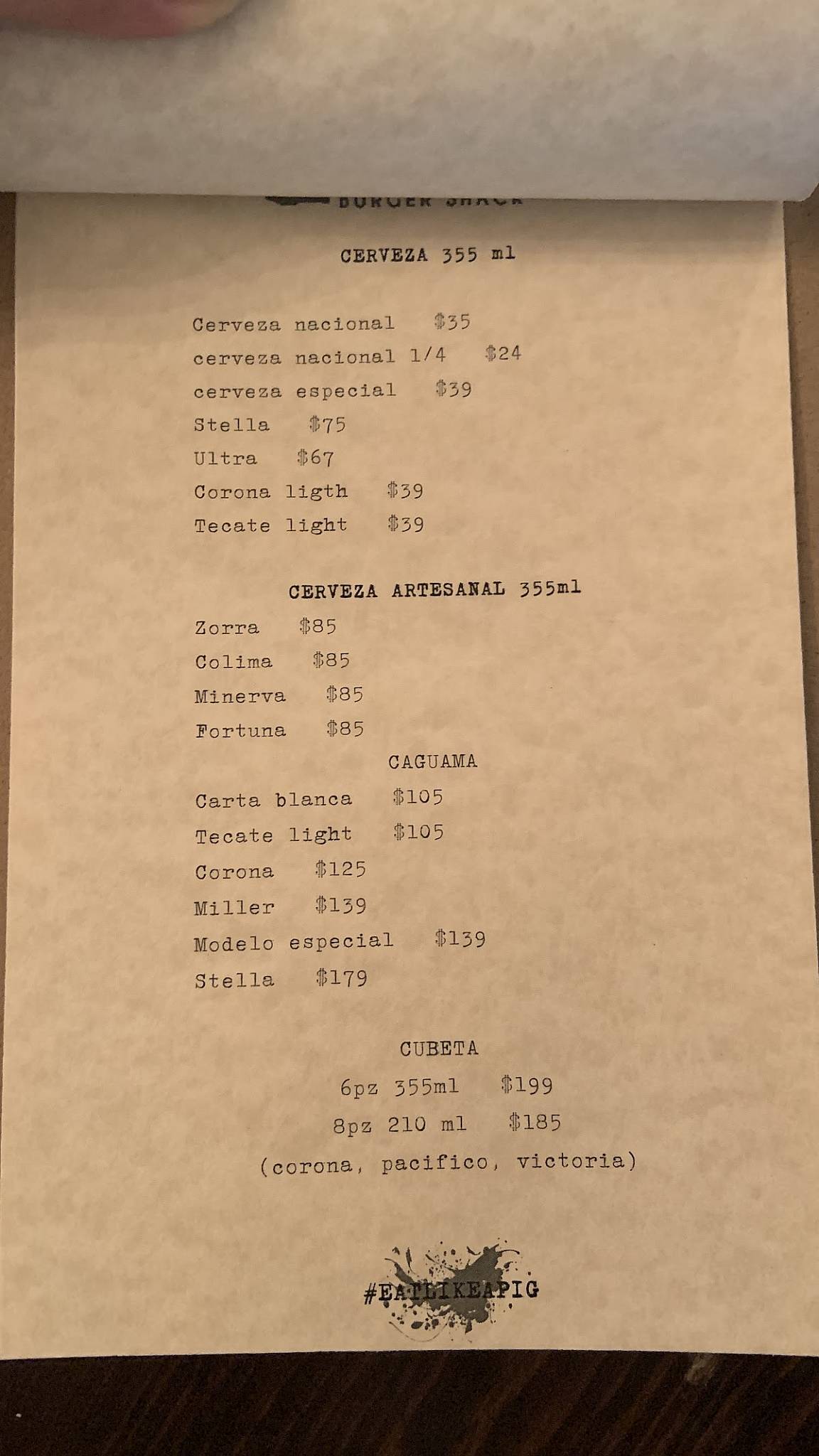 Menu at El Canibal restaurant, Guadalajara, Av. de la Paz 1800