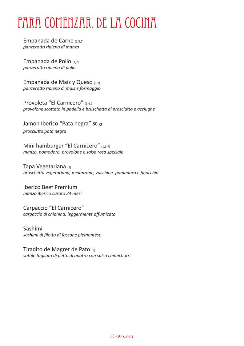 Carta del restaurante El Carnicero Spartaco, Milan, Via Spartaco