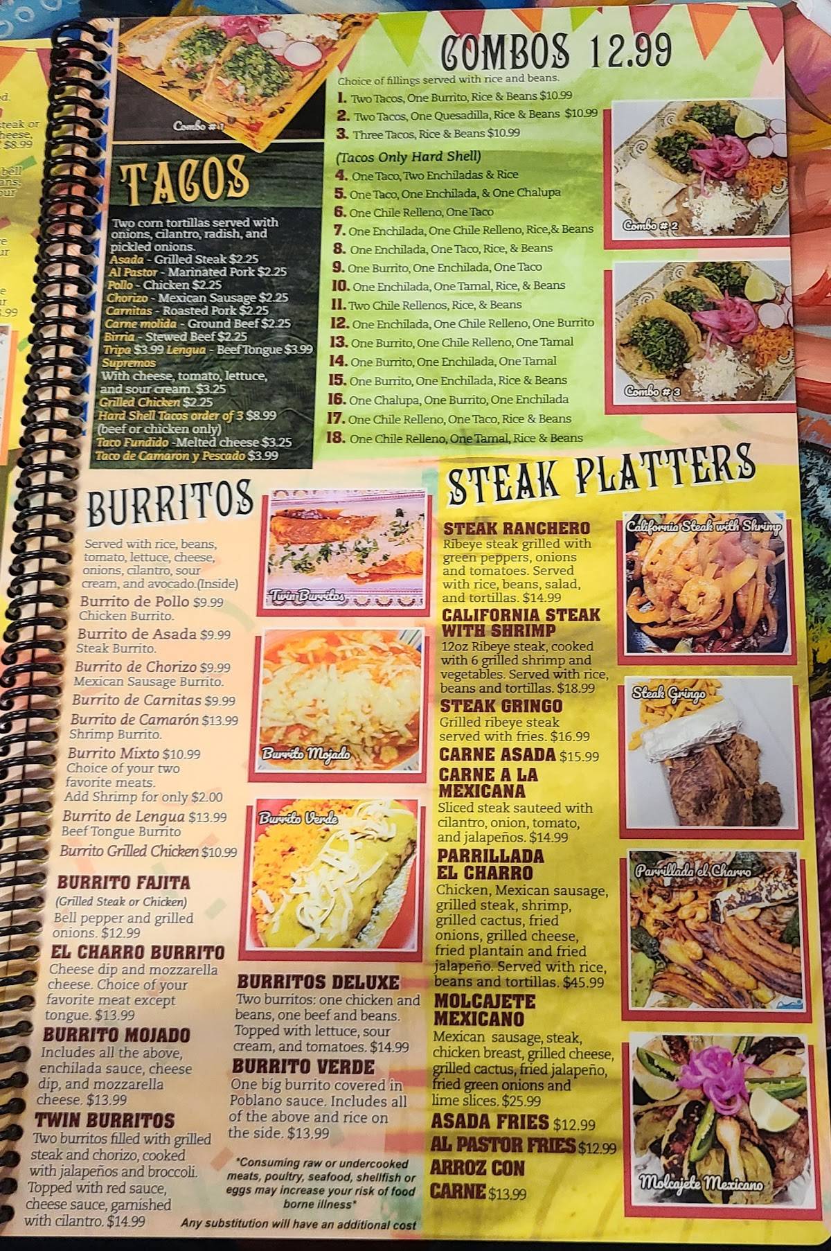 Menu at El Charro restaurant, Crawfordsville, 113 E Pike St