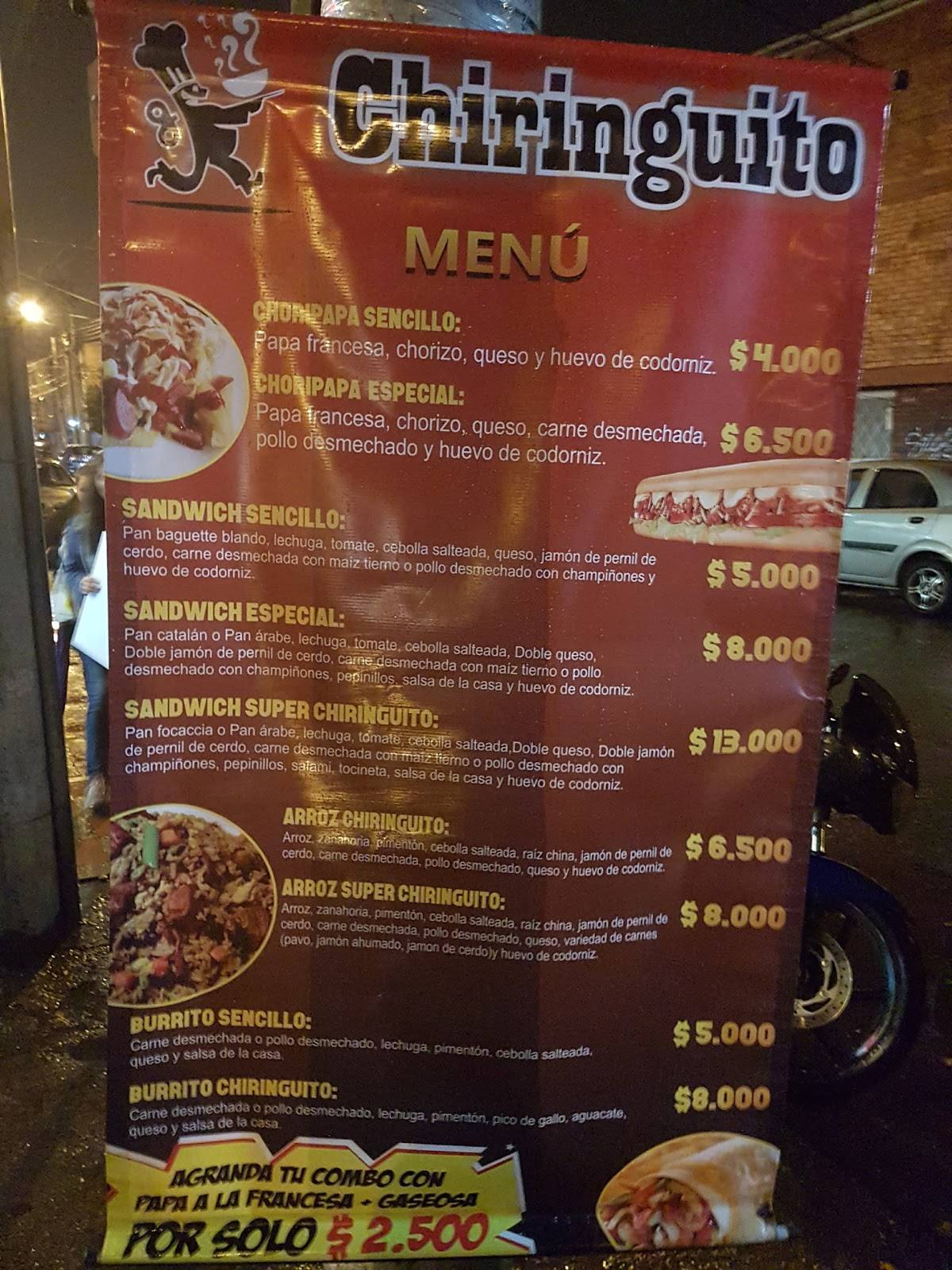 Menu at El Chiringuito restaurant, Bogotá