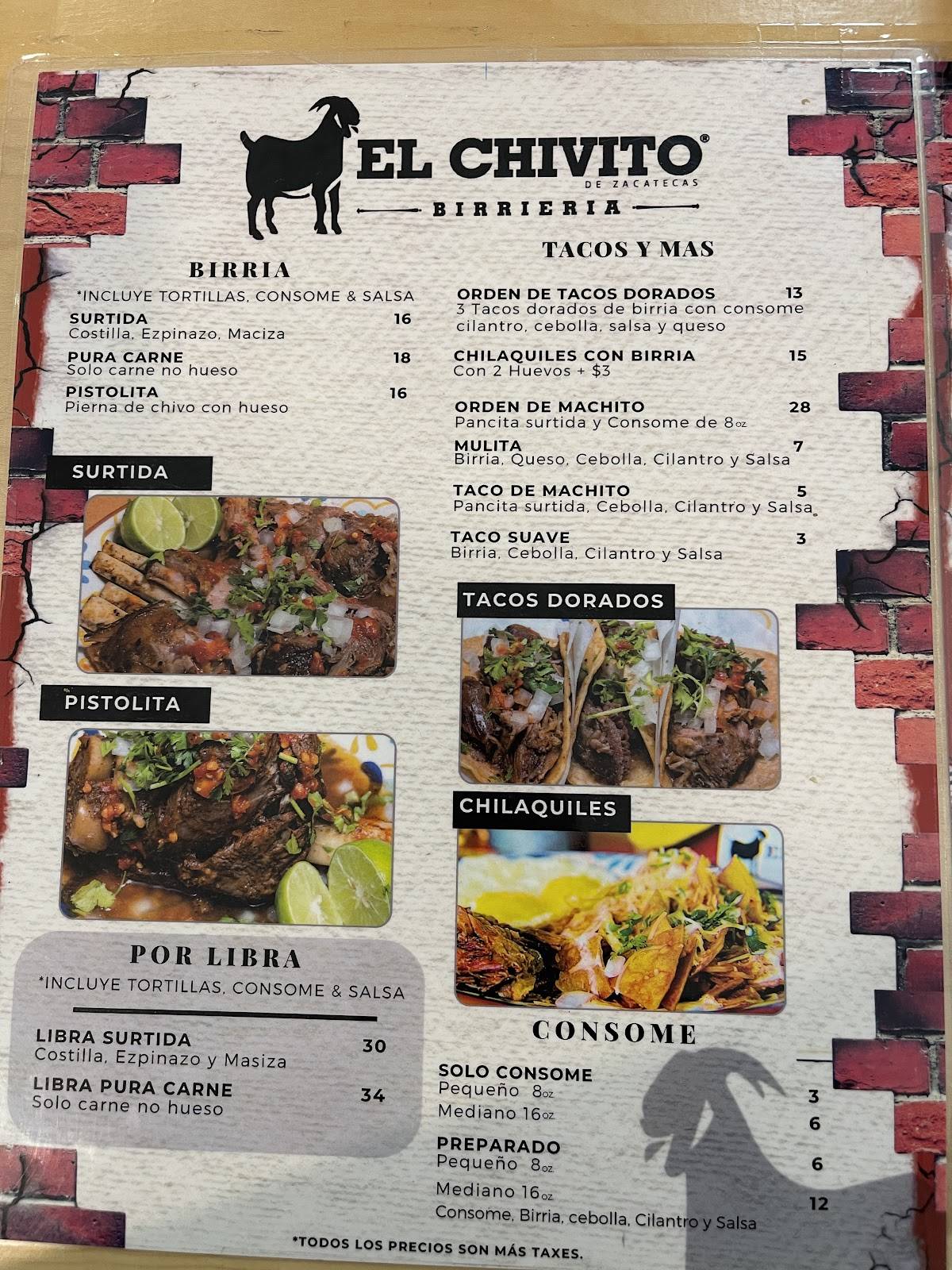 Menu at El Chivito Birrieria restaurant, Moreno Valley