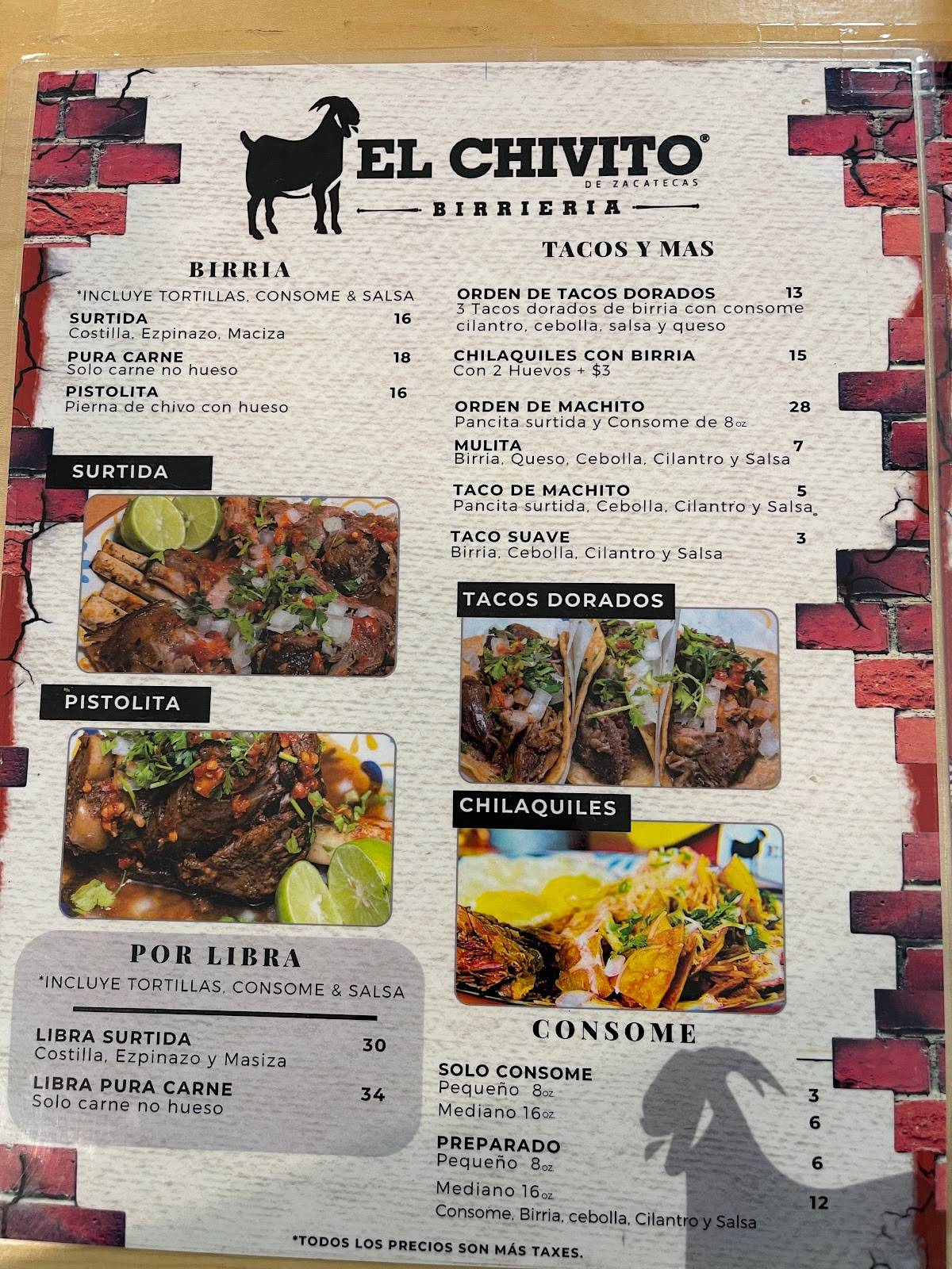 Menu at El Chivito Birrieria restaurant, Moreno Valley