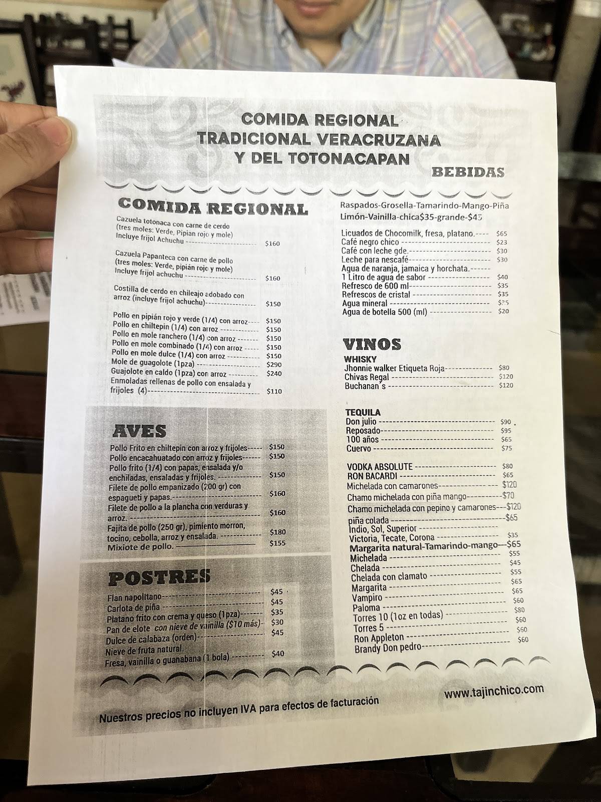 Carta de Tajín Chico Restaurante, Papantla de Olarte, Ruta 180