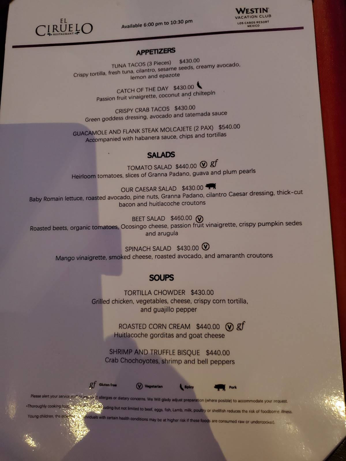 Menu at El Ciruelo restaurant, Mexico, Tourist Corridor