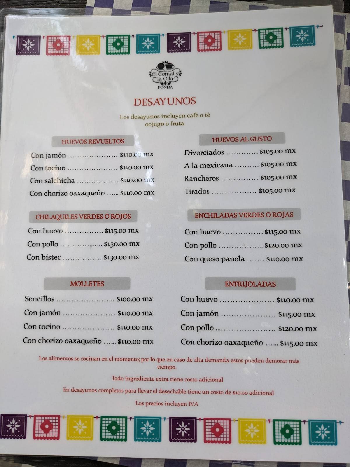 Carta de cafetería El Comal y la Olla, Ciudad de México, Córdoba 53