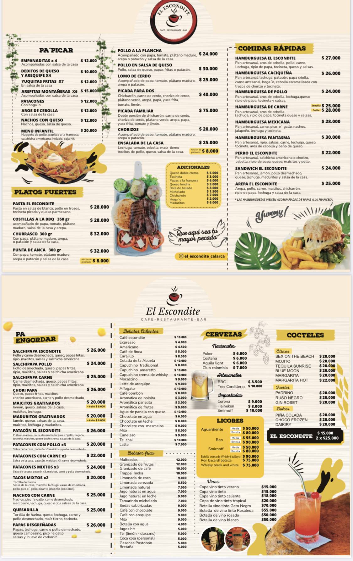 Carta de El Escondite Cafe - Restaurante - Bar, Calarcá