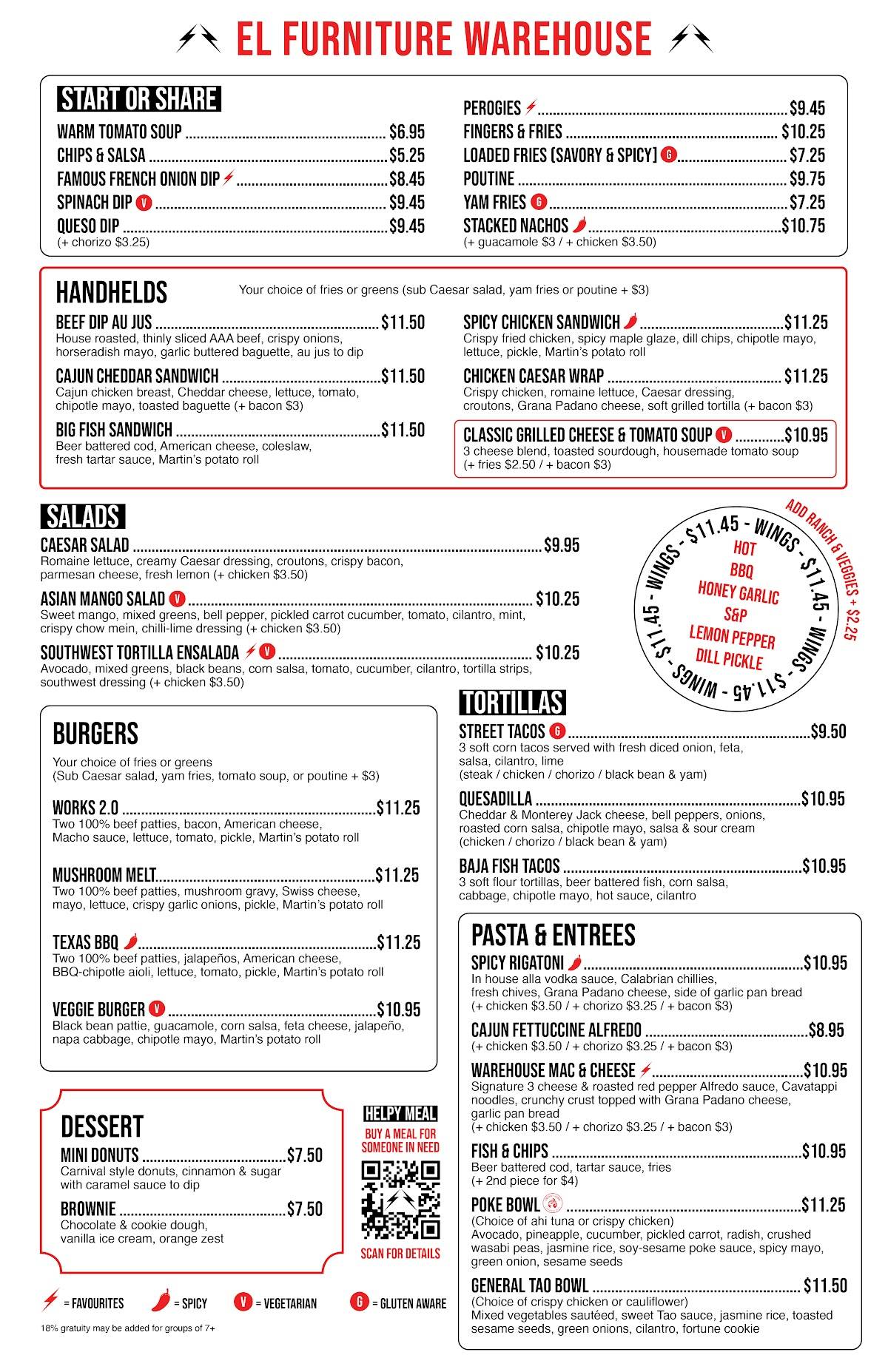Menu au El Furniture Warehouse - Edmonton pub et bar, Edmonton