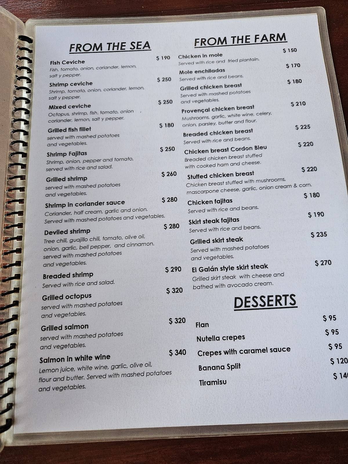 Carta del restaurante El Galán, Tulum