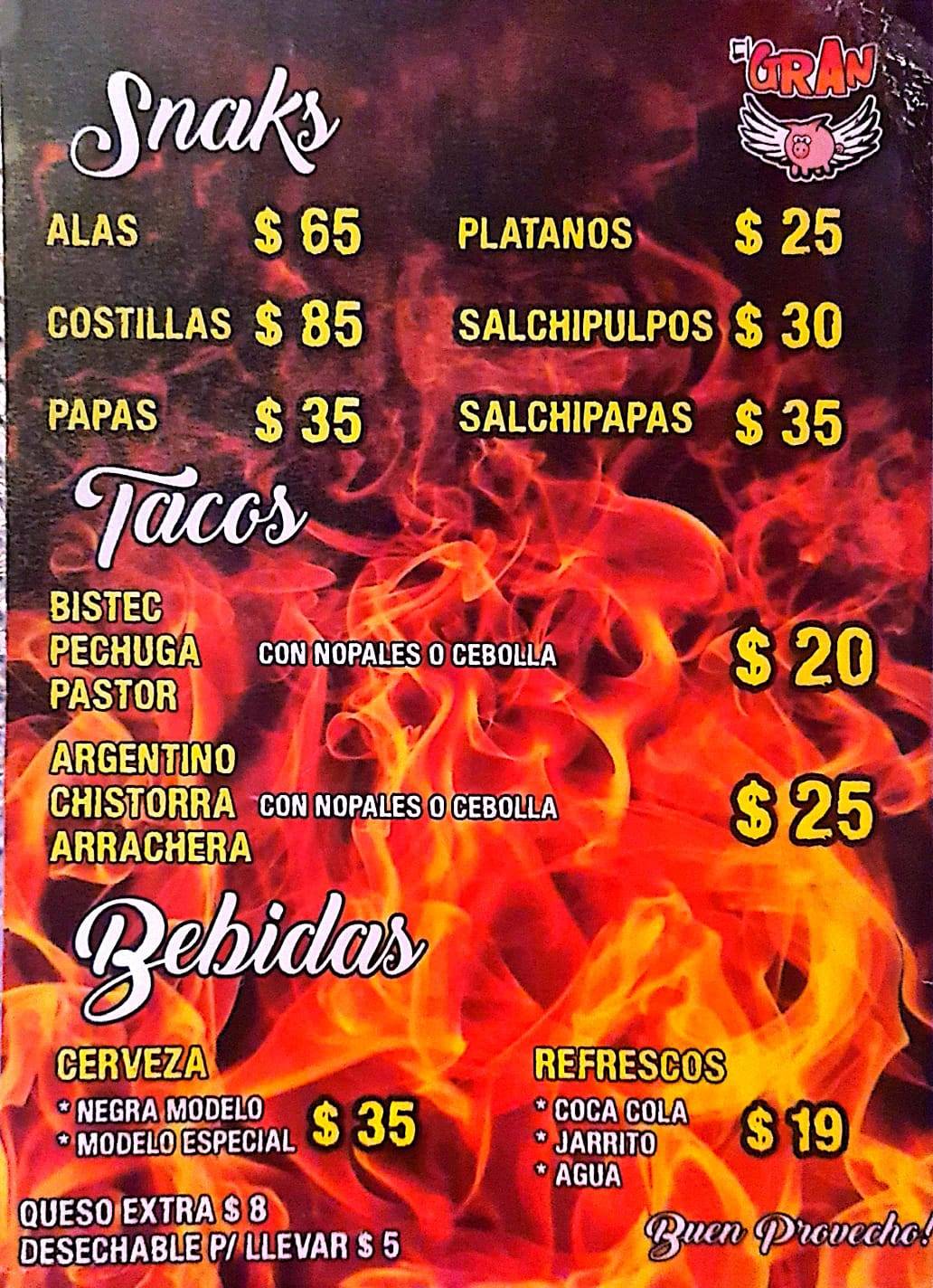 Carta del restaurante El Gran Puerco con Alas, Tizayuca