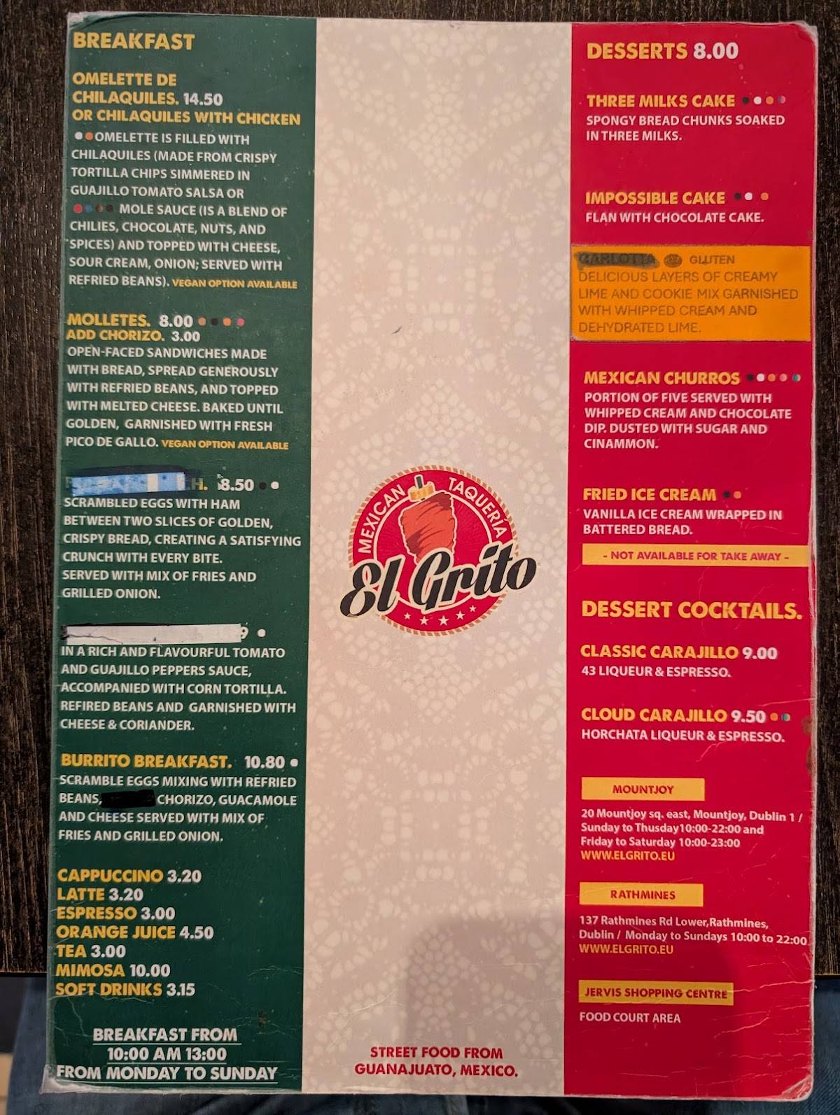 Carta del restaurante El Grito Mexican Taqueria Mountjoy Square, Dublin ...