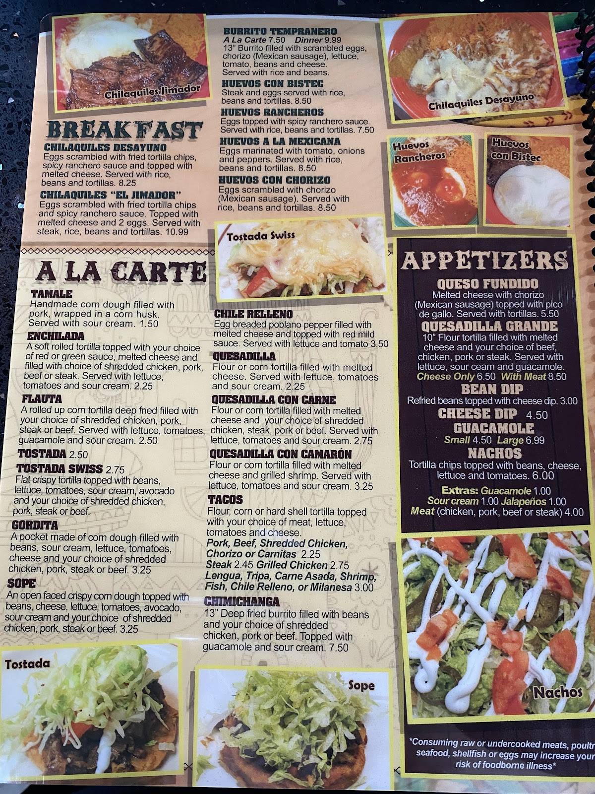 Menu at El Jimador #3 restaurant, Cedar Lake