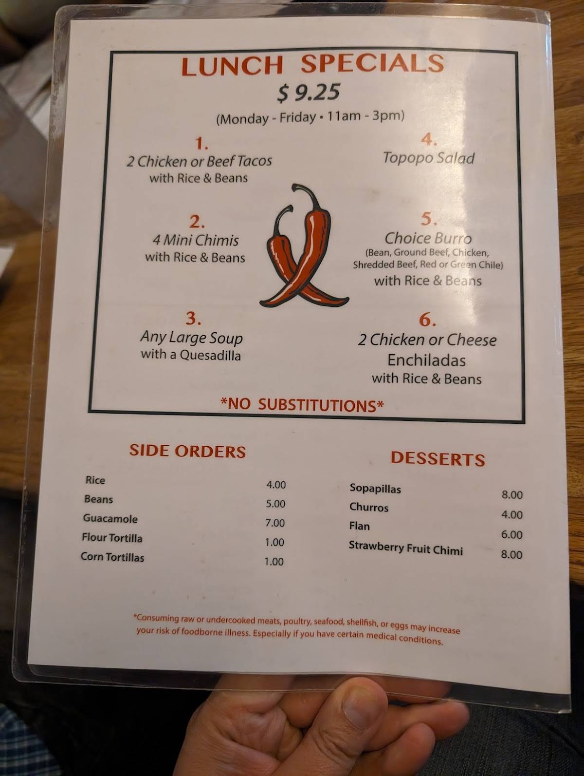 Menu at El Minuto Cafe, Tucson, 354 S Main Ave