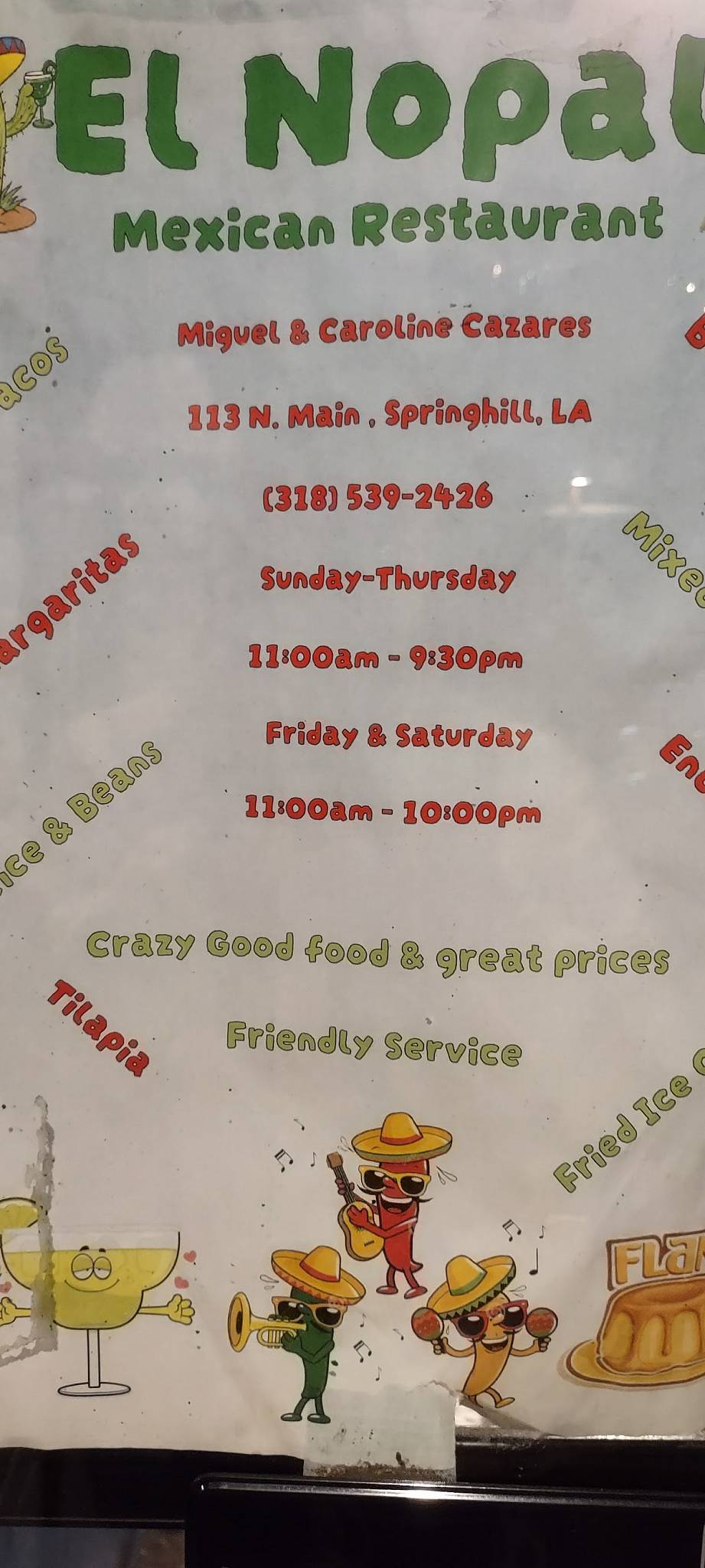 Menu at El Nopal Mexican Restaurant & Bar, Springhill