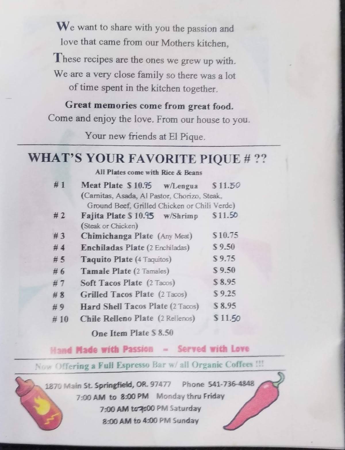 Menu at El Pique Mexican Food restaurant, Springfield, Main St