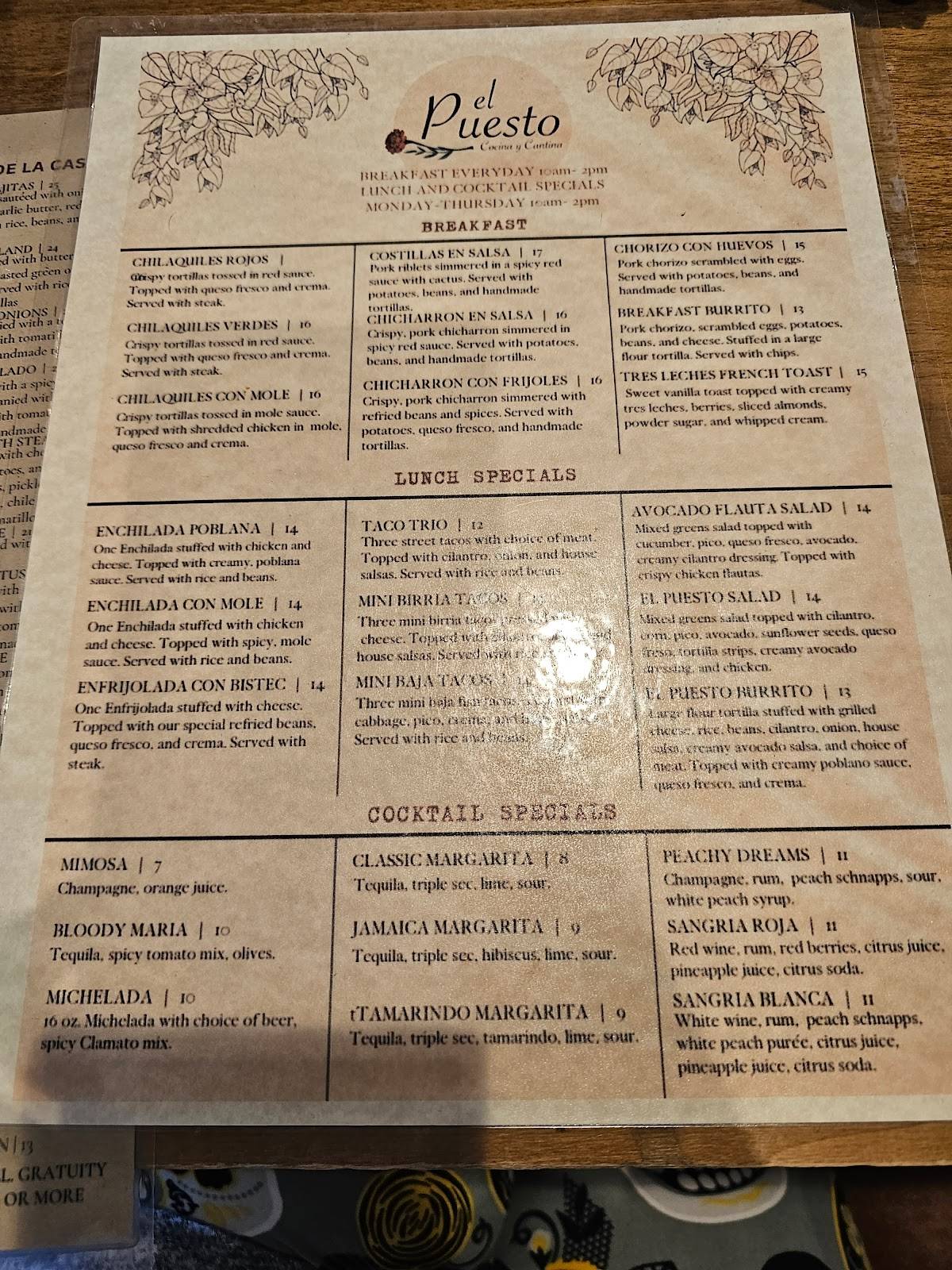 Menu at El Puesto Cocina y Cantina pub & bar, Bakersfield