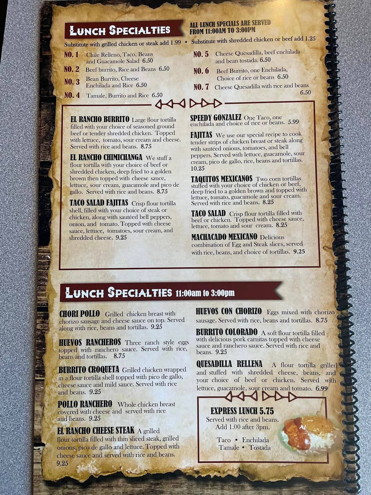 Menu at El Rancho restaurant, Camp Point, 124 E State St